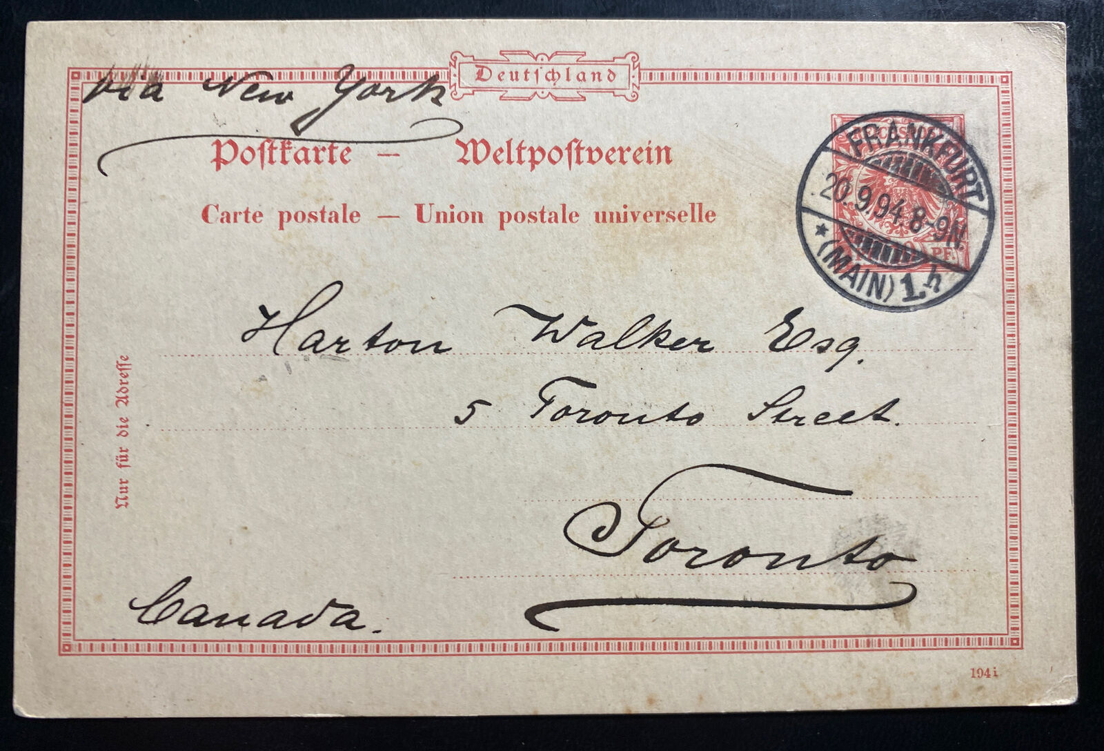 1894 Frankfurt Germany Stationery Postcard cover To Toronto Canada ...