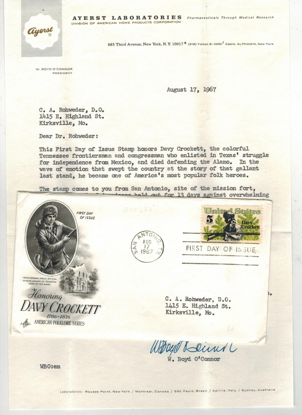 1967 Davy Crockett Texas FDC 1330 & Ayerst Labs Letter & Medical ...