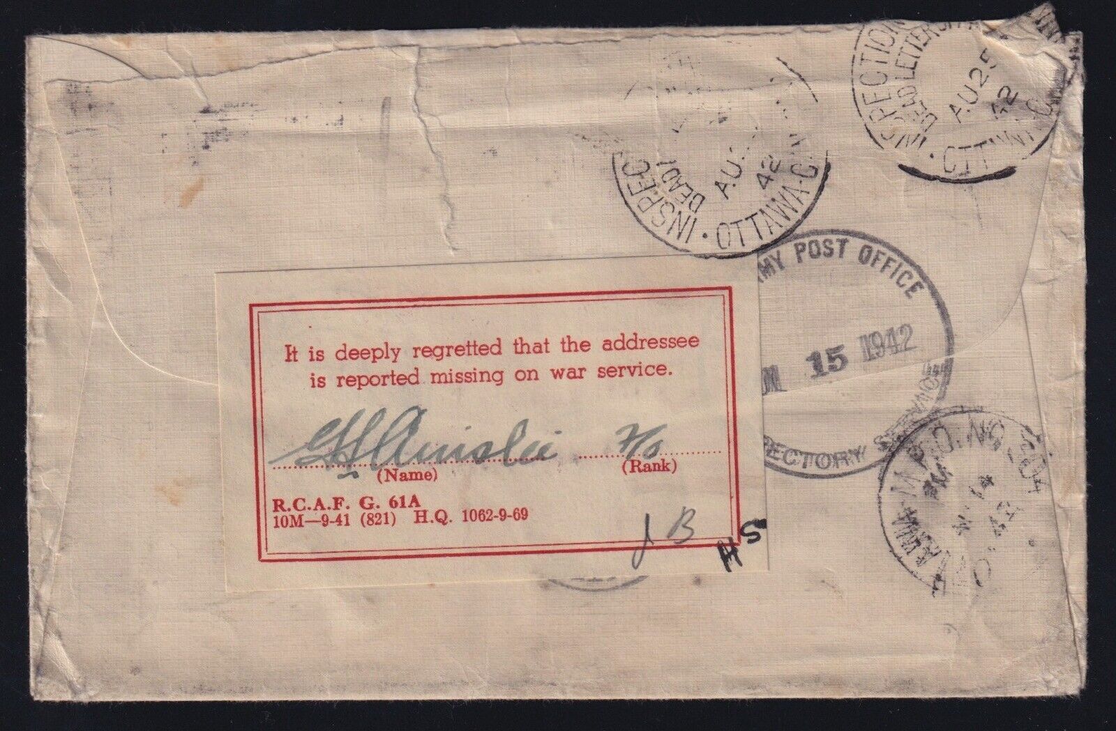 Canada 1942 WWII RCAF Returned Missing Killed in Action KIA Military ...