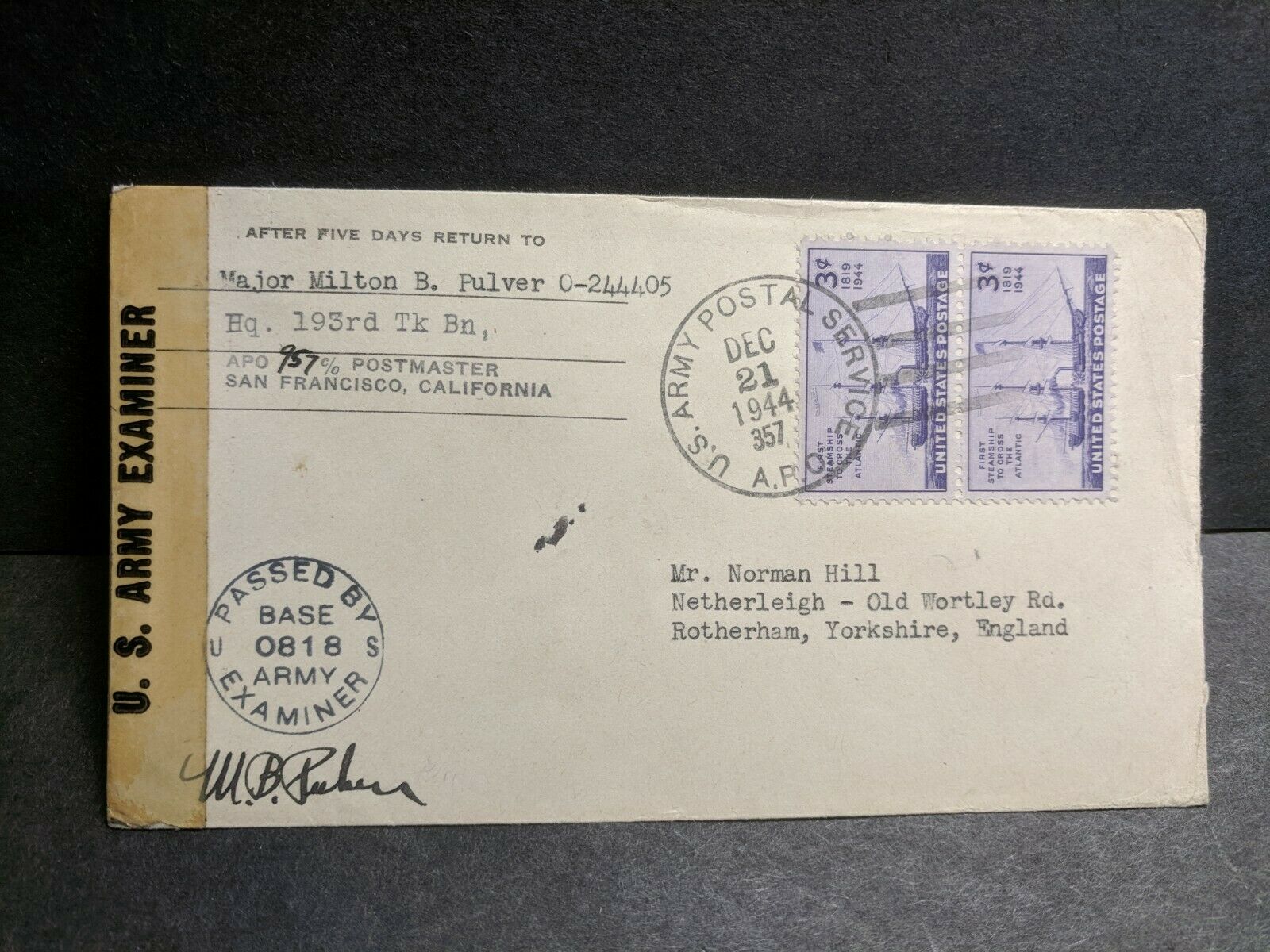 APO 957 SCHOFIELD BARRACKS, OAHU, HAWAII 1944 Censored WWII Army Cover ...