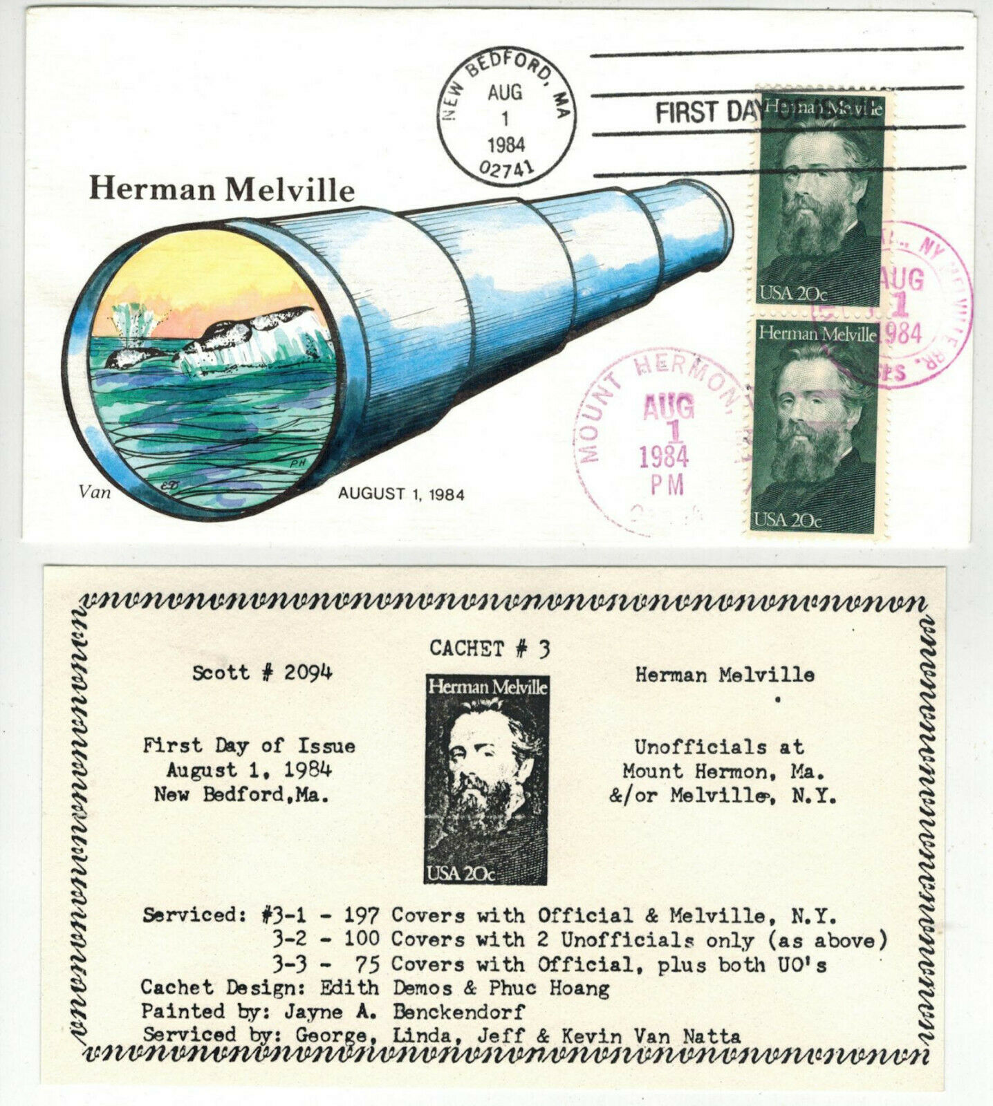 HANDPAINTED 2094 HERMAN MELVILLE MOBY DICK Dual Cancel New Bedford ...