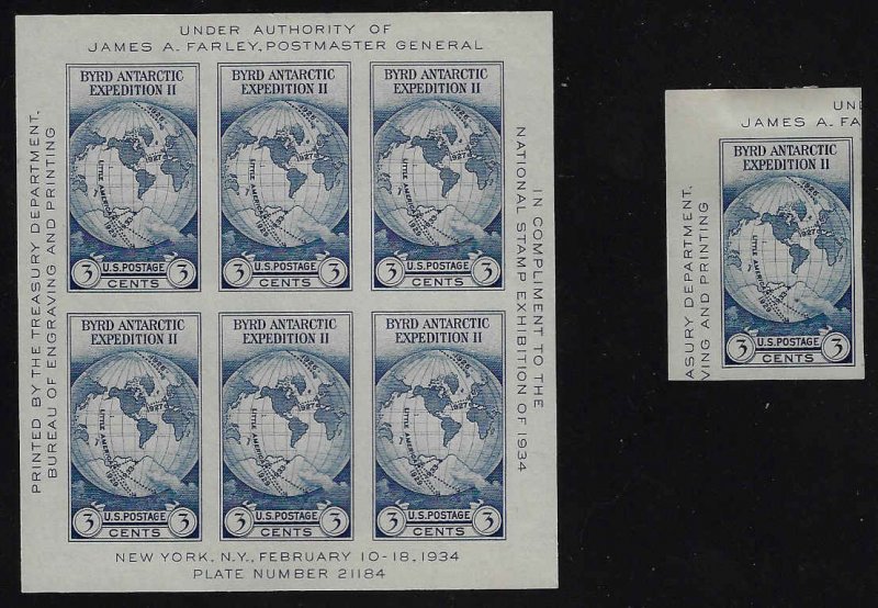 U.S. #735 MNH, & 735a HR; Byrd Expedition Sheet of 6 + single - Imperf ...