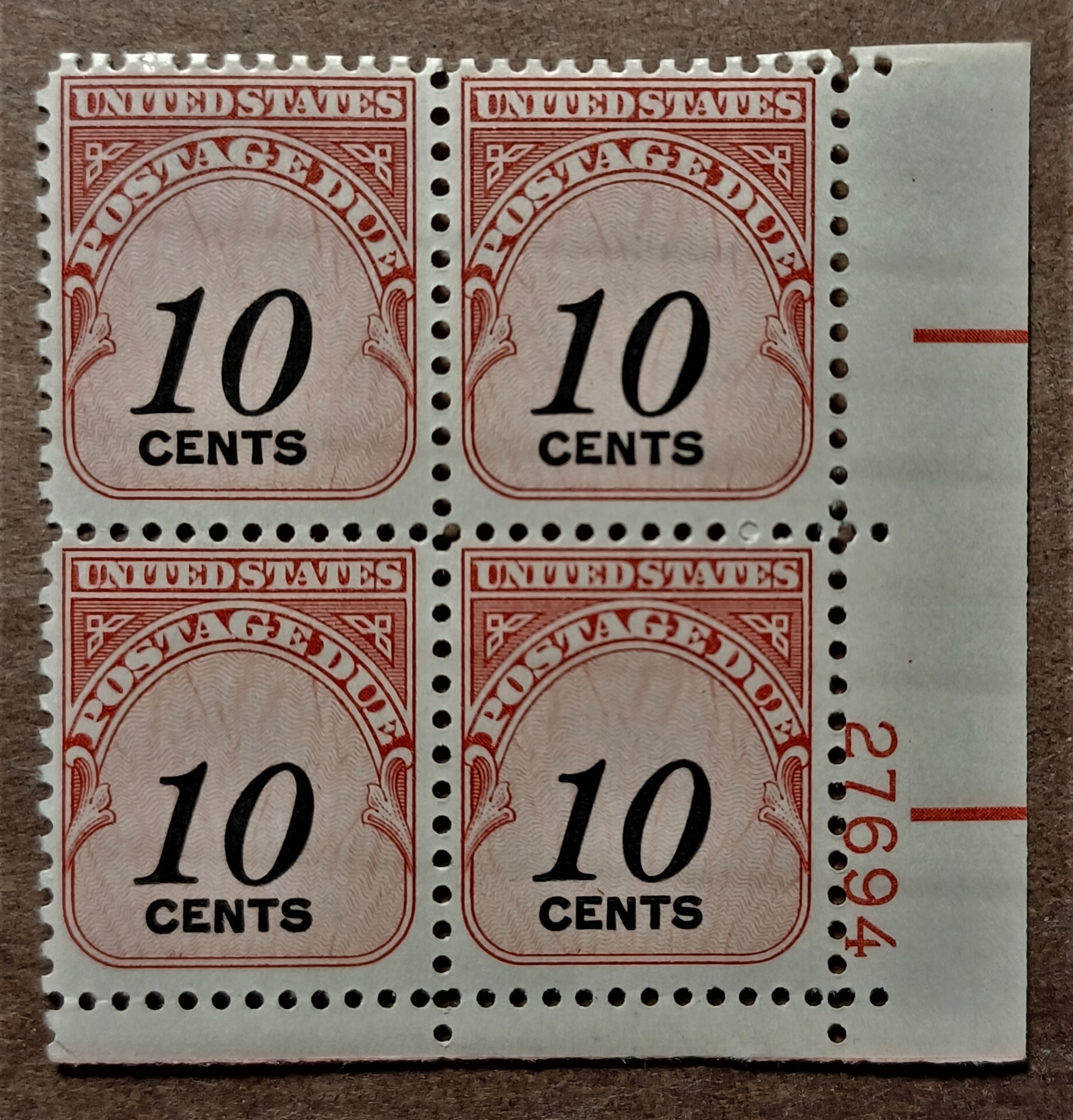 United States #J97 10c Postage Due MNH block of 4 plate #27694 (1959 ...