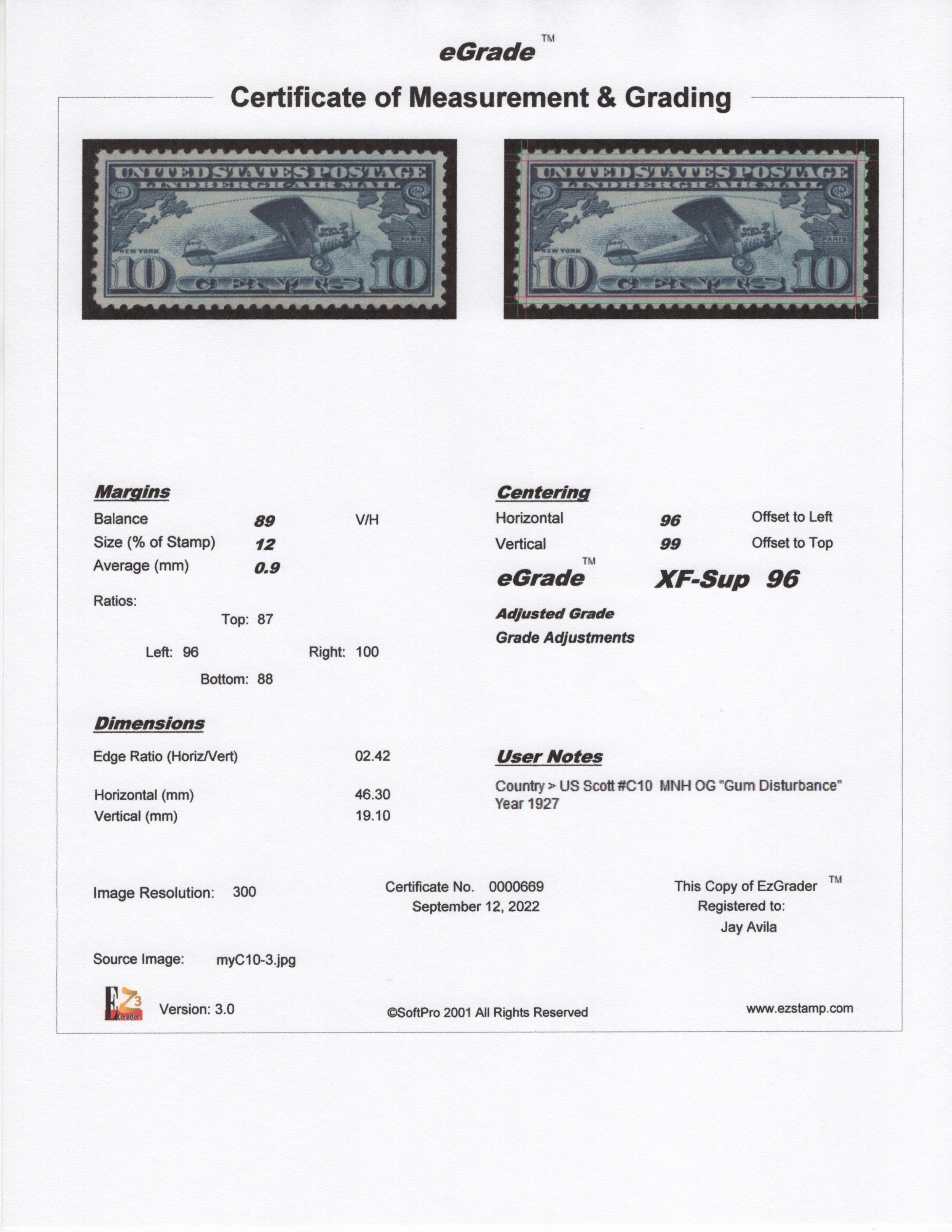 US Scott #C10 MNH OG Gum Disturbance eGraded With Certificate XF-SUPERB ...