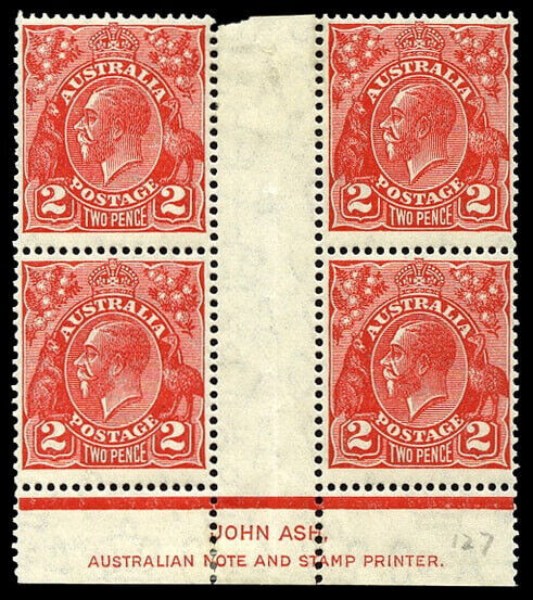 Australia 1931 KGV 2d golden scarlet "JOHN ASH" Imprint block VFM. SG ...