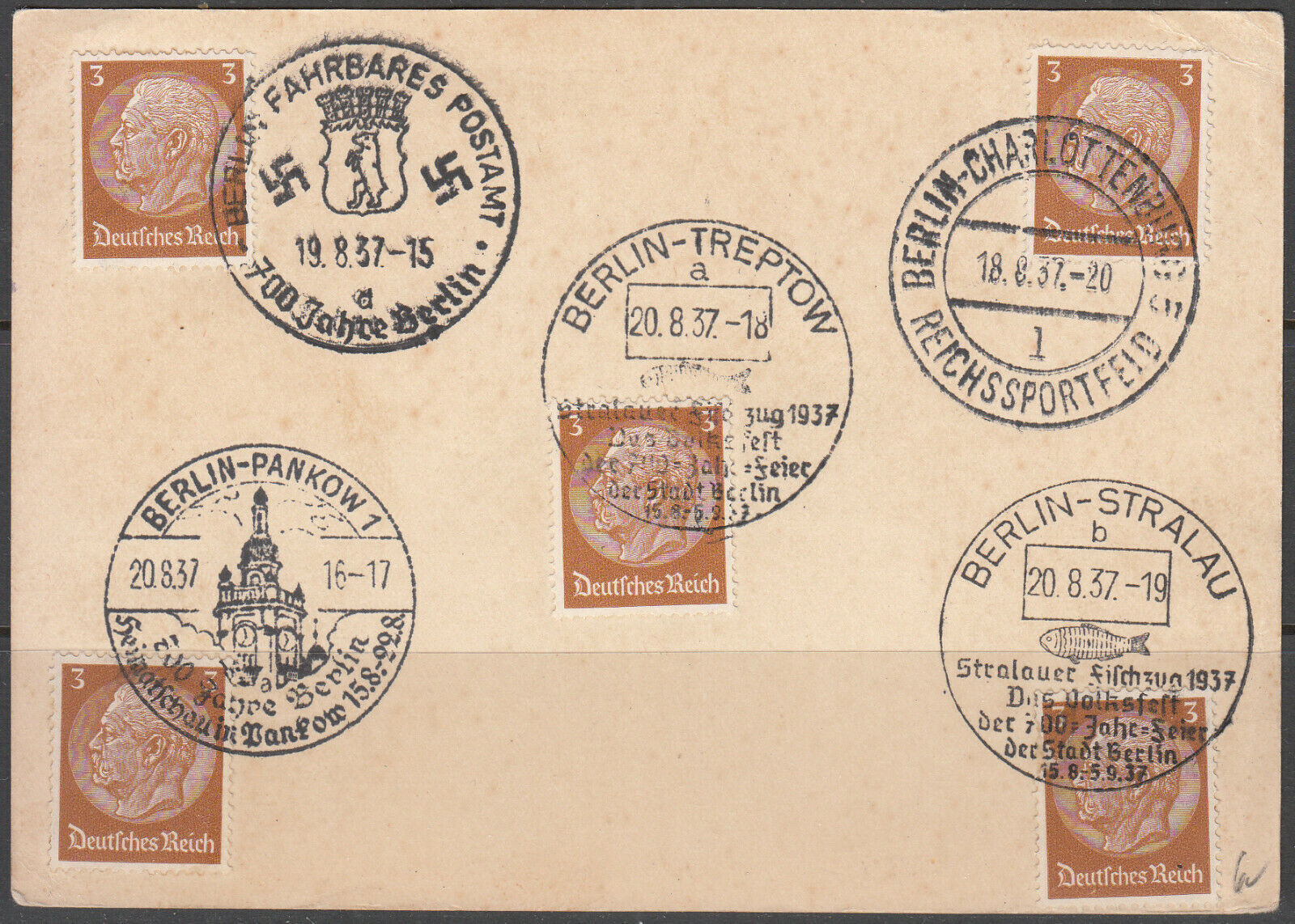 Germany - 1937 5 special cancels on "3pf" Hindenburg stamp (2254 ...