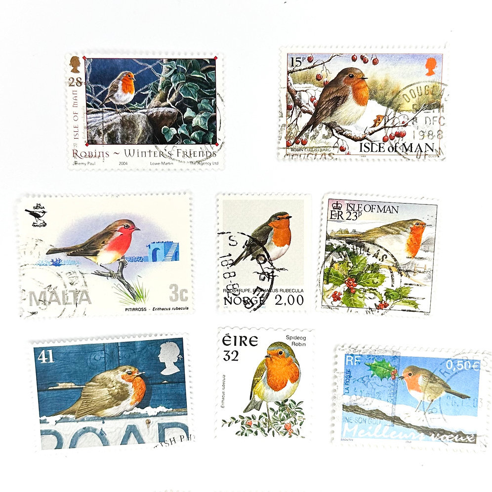8 x Red Robin postage stamps - all different, from 6 countries, off ...