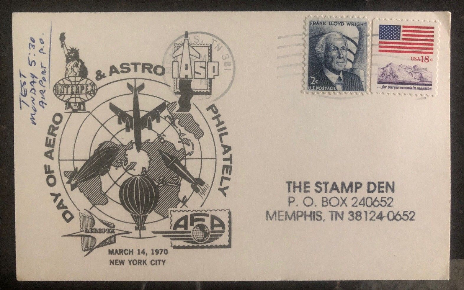 1970 Memphis TN USA Stamp On Stamp Postcard Cover Day Of Aero & Astro ...