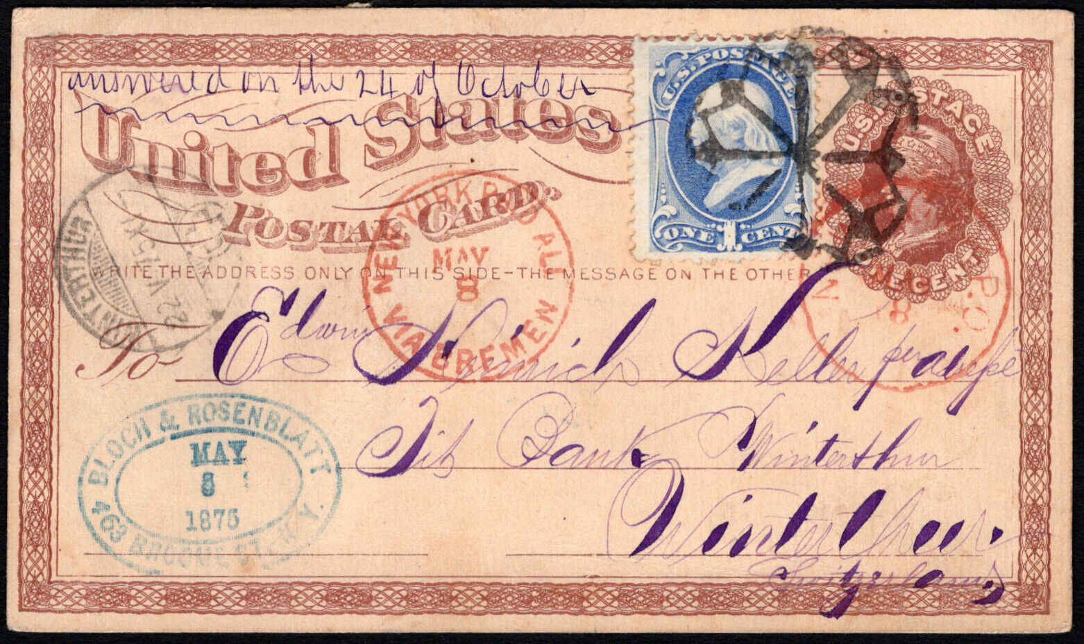 1875 NYFM Fancy Cancel on 1c Banknote, 1c Postal Stationery Card to ...