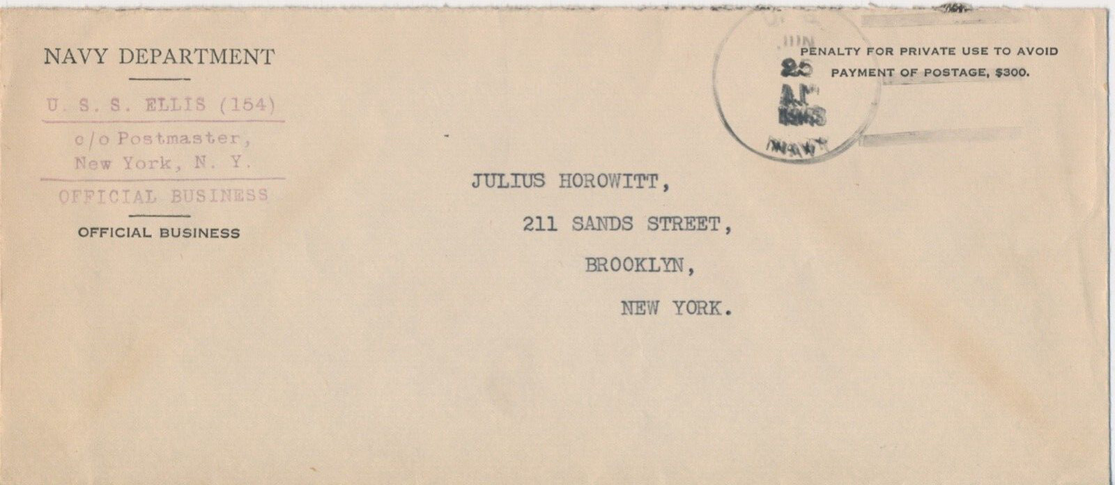 Navy Department USS Ellis (154) Penalty envelope 6/25/1943 Official ...