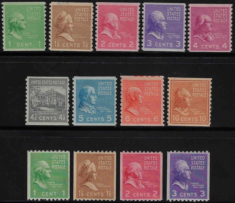 U.S. #839-51 Unused H; Set of 13 Perf 10 Coil stamps - US Presidents ...