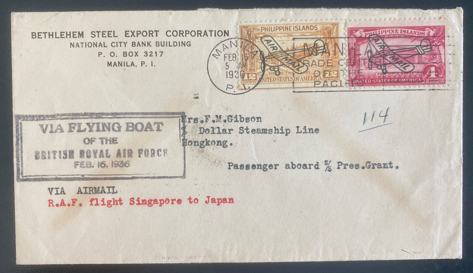 1936 Manila Philippines Airmail Cover To Hong Kong RAF Flying boat ...