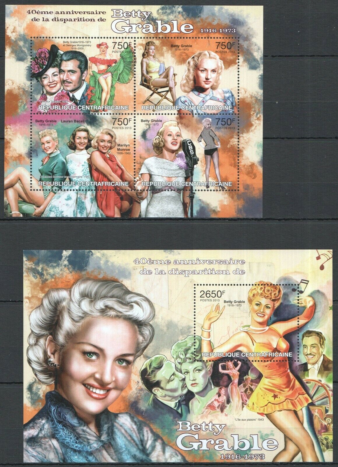 CA676 2013 Central Africa Kino Legende Schauspielerin Betty Grable KB ...