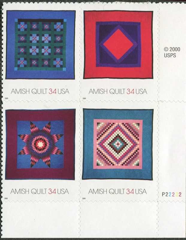 US Stamp 2001 34c Amish Quilts - 20 Stamp Sheet - Scott #3524-7 ...