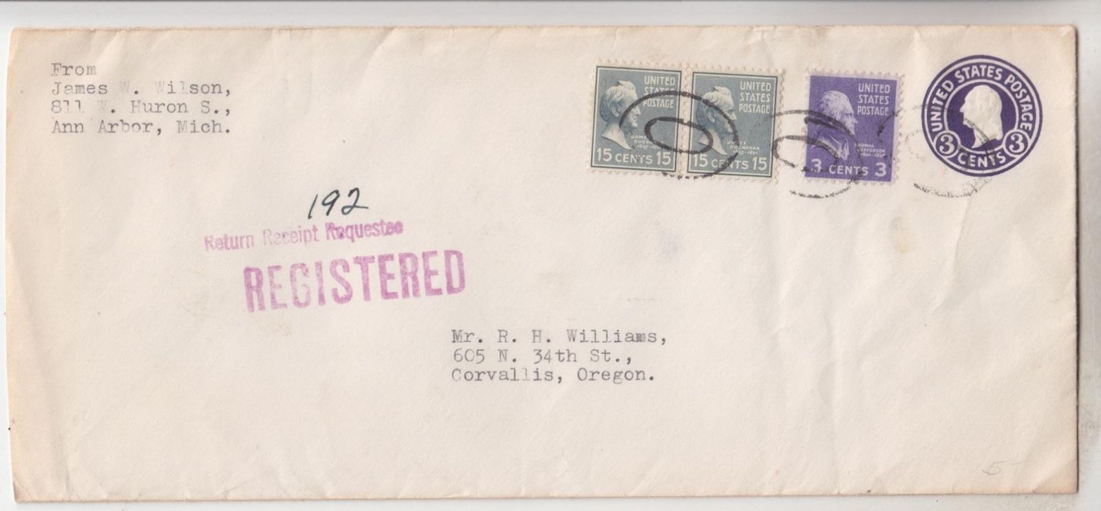 RETURN RECEIPT REQUESTED, 1950 Reg. long 3c. Env., Prexies 3c., 15c ...
