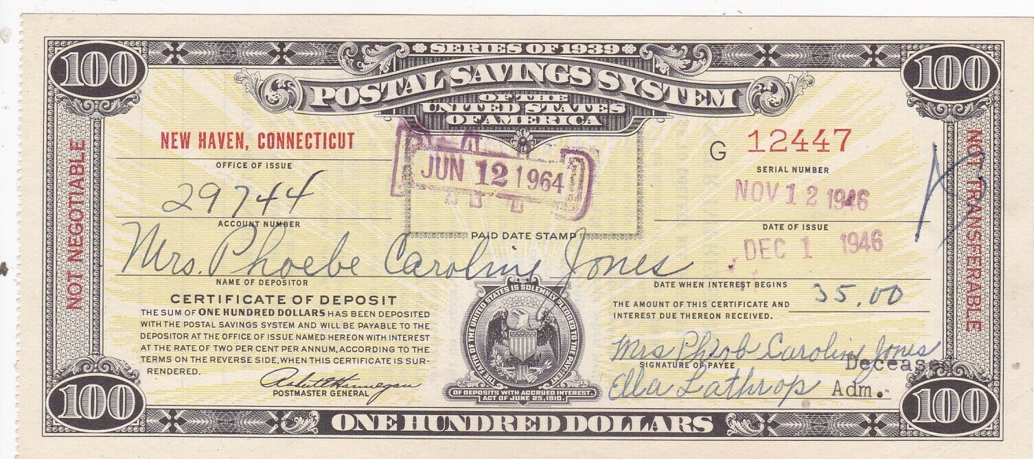 $100 Series of 1939 Postal Savings System Certificate Paid New Haven CT ...