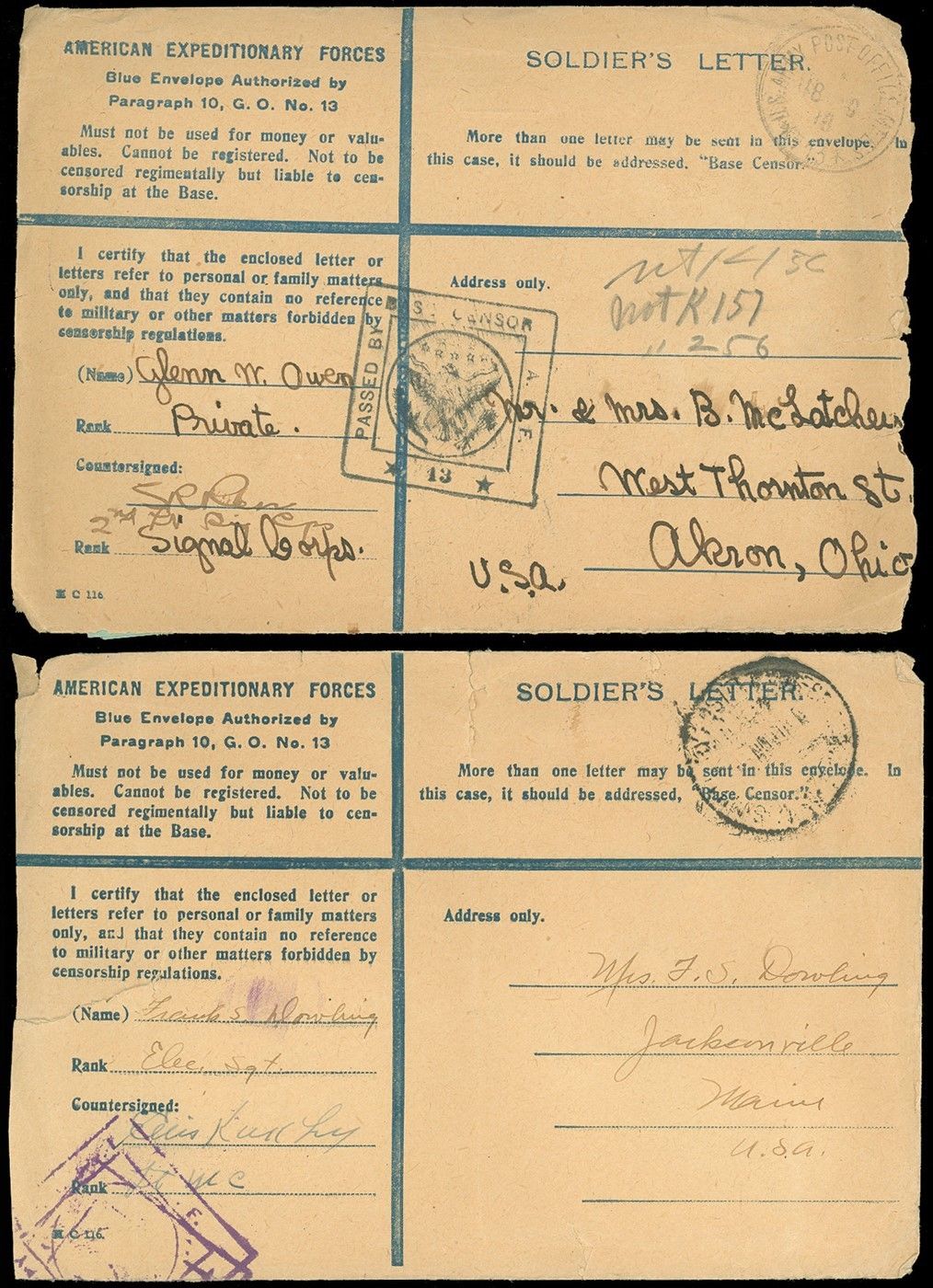 1918 WWI, Lot/2 A.E.F. BLUE ENVELOPES / Soldier's Letter Covers, 1 W ...
