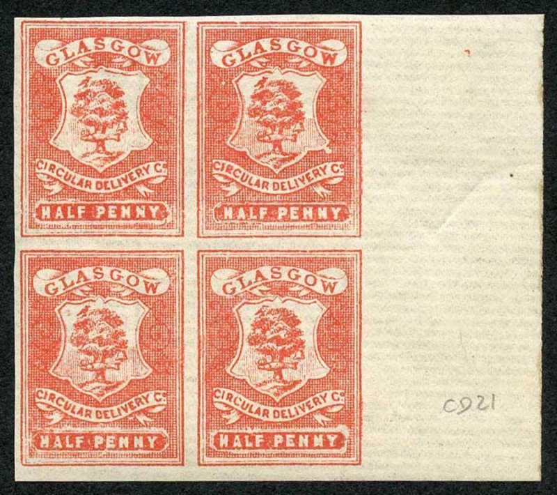 CD21 1/2d Dull Scarlet Glasgow Circular Delivery Block 4 Unmounted Mint ...