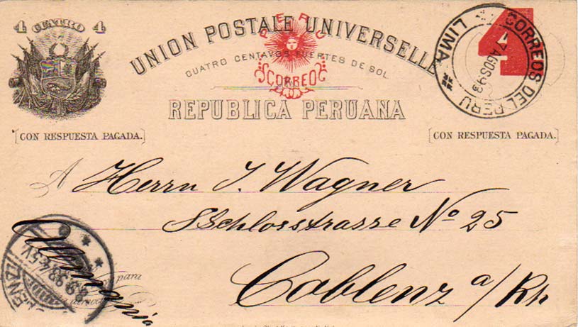 Peru 4c Coat of Arms Message Half Postal Card 1893 Correos del Peru ...
