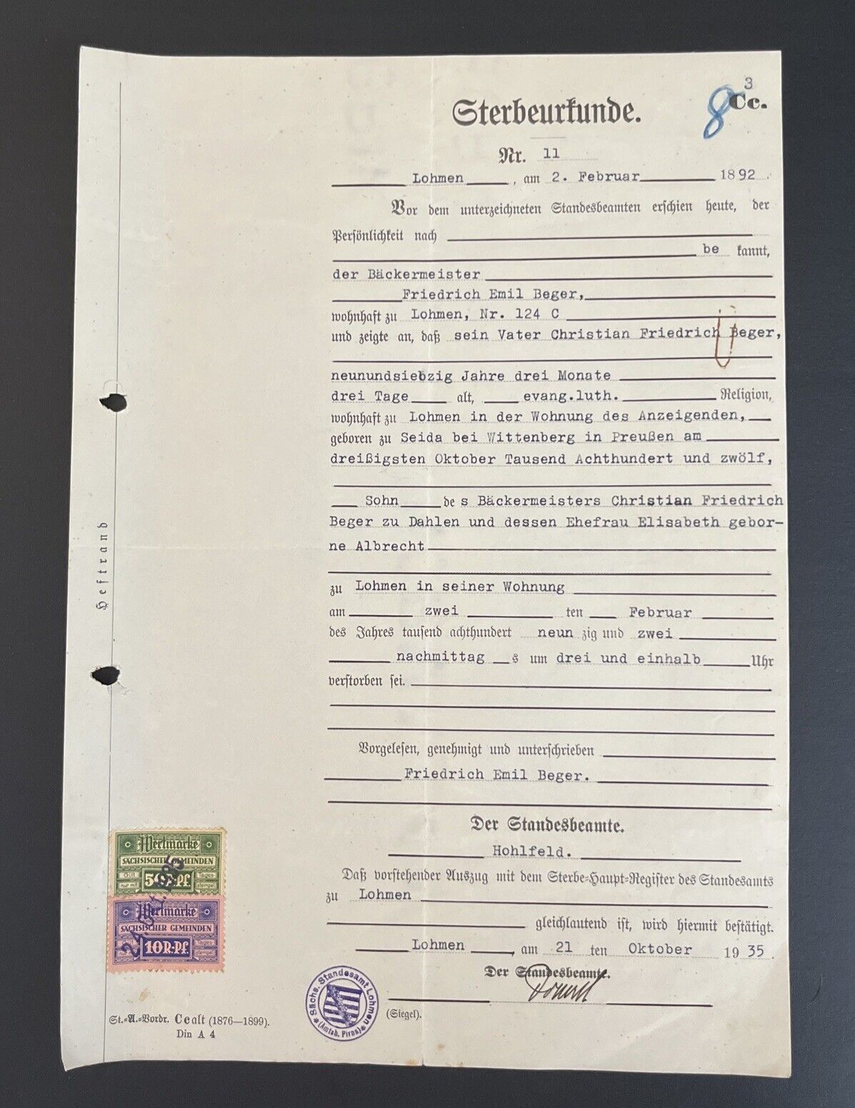 WW2 WWII German Third Reich Death Certificate Document Letter 1935 ...