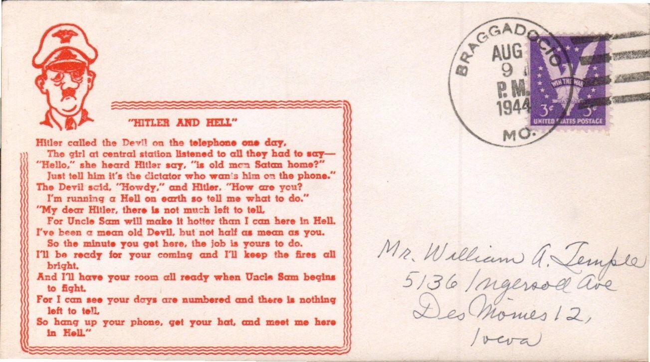 Wwii "Hilter and Hell" Richard Boone AUG 9 1944 Braggadicui MO Cachet ...