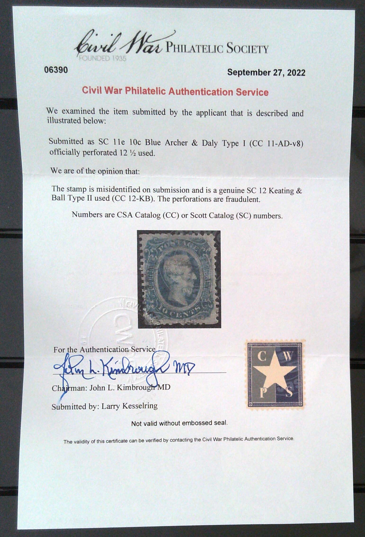 Scott CSA #12 - 10c Blue - Jefferson - Used with cert for Reference ...