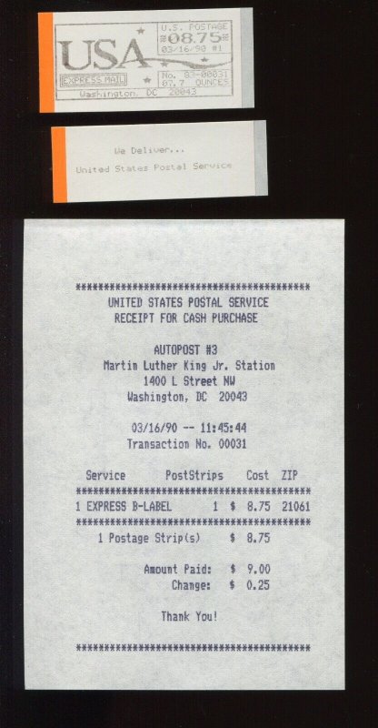 CVP10 $8.75 Express Computer Vended Postage Stamp w/KIOSK Receipt ...