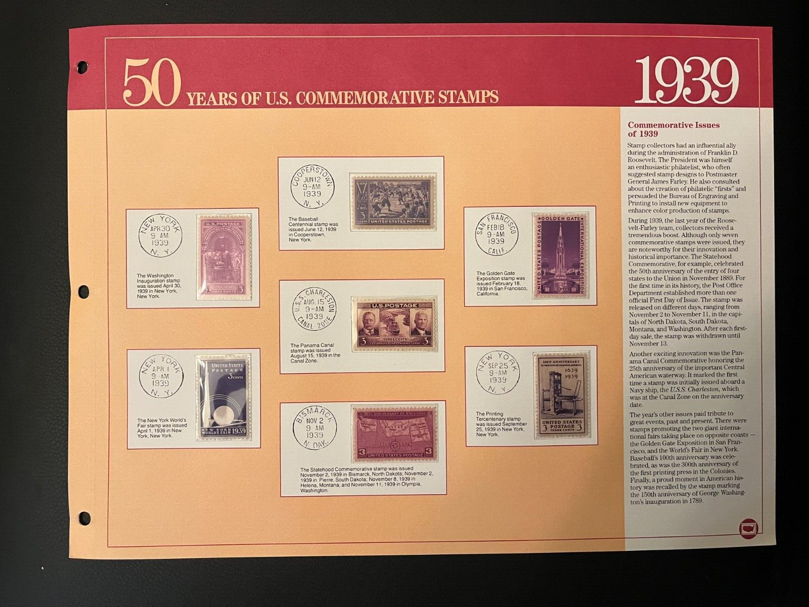 1939 50 YEARS OF U.S. COMMEMORATIVE STAMP Albums Panel of stamps ...