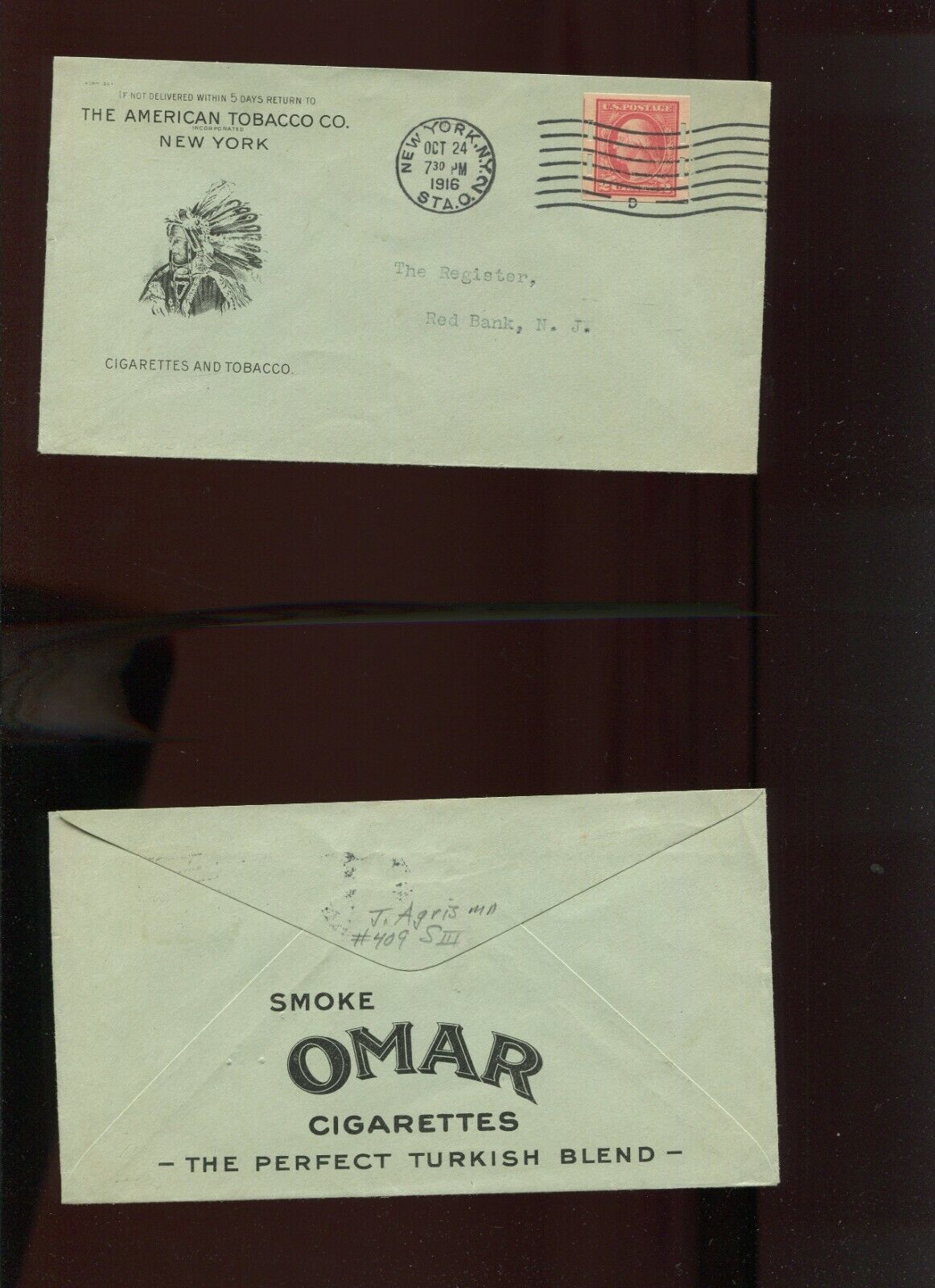 409 Schermack USED STAMP on OMAR CIGARETTES DUAL SIDED AD Cover LV2703 ...