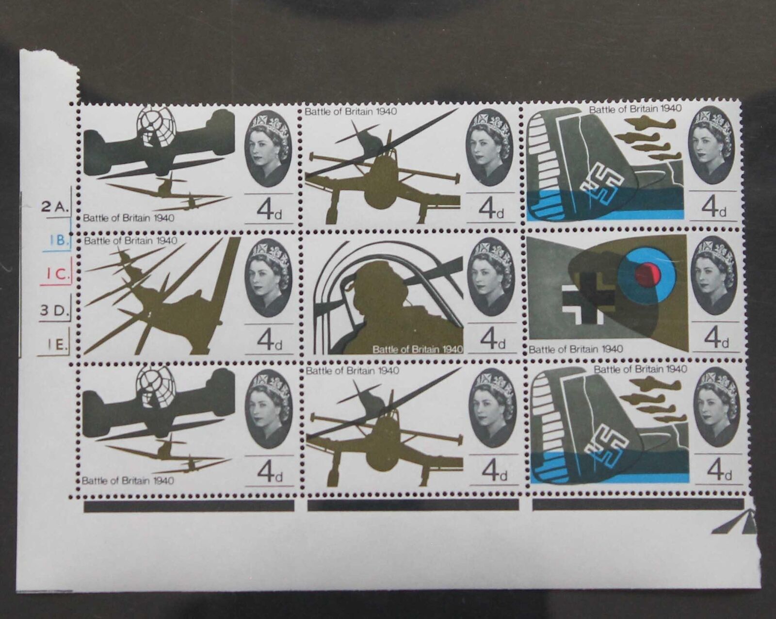 SG W67/72bc 1965 4d Battle of Britain with Varieties Block of 9 U/M ...