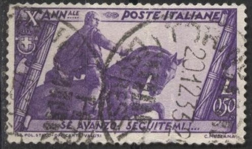 Italy 297 (used) 50c Mussolini statue at Bologna, purple (1932 ...