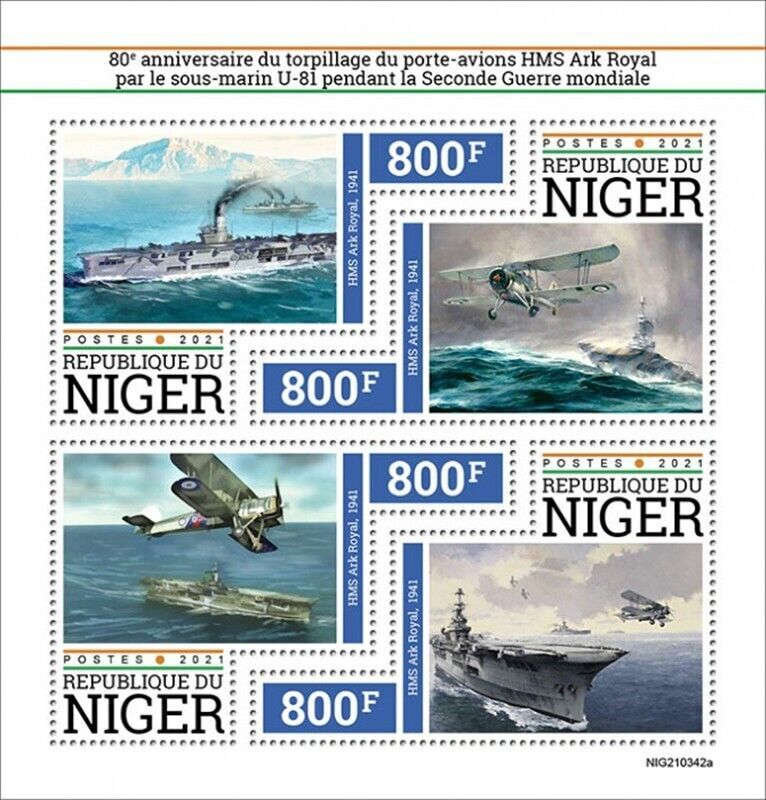 Niger - 2021 HMS Ark Royal Aircraft Carrier - 4 Stamp Sheet ...