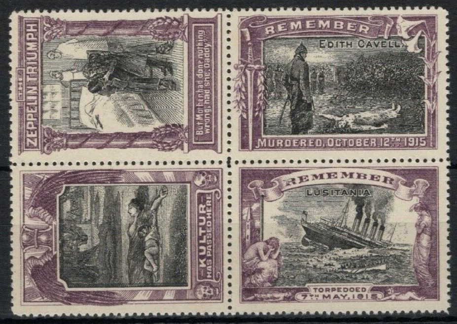 GB WW1 PROPAGANDA Stamp BLOCK{4} Anti-German Lusitania/Edith Cavell ...