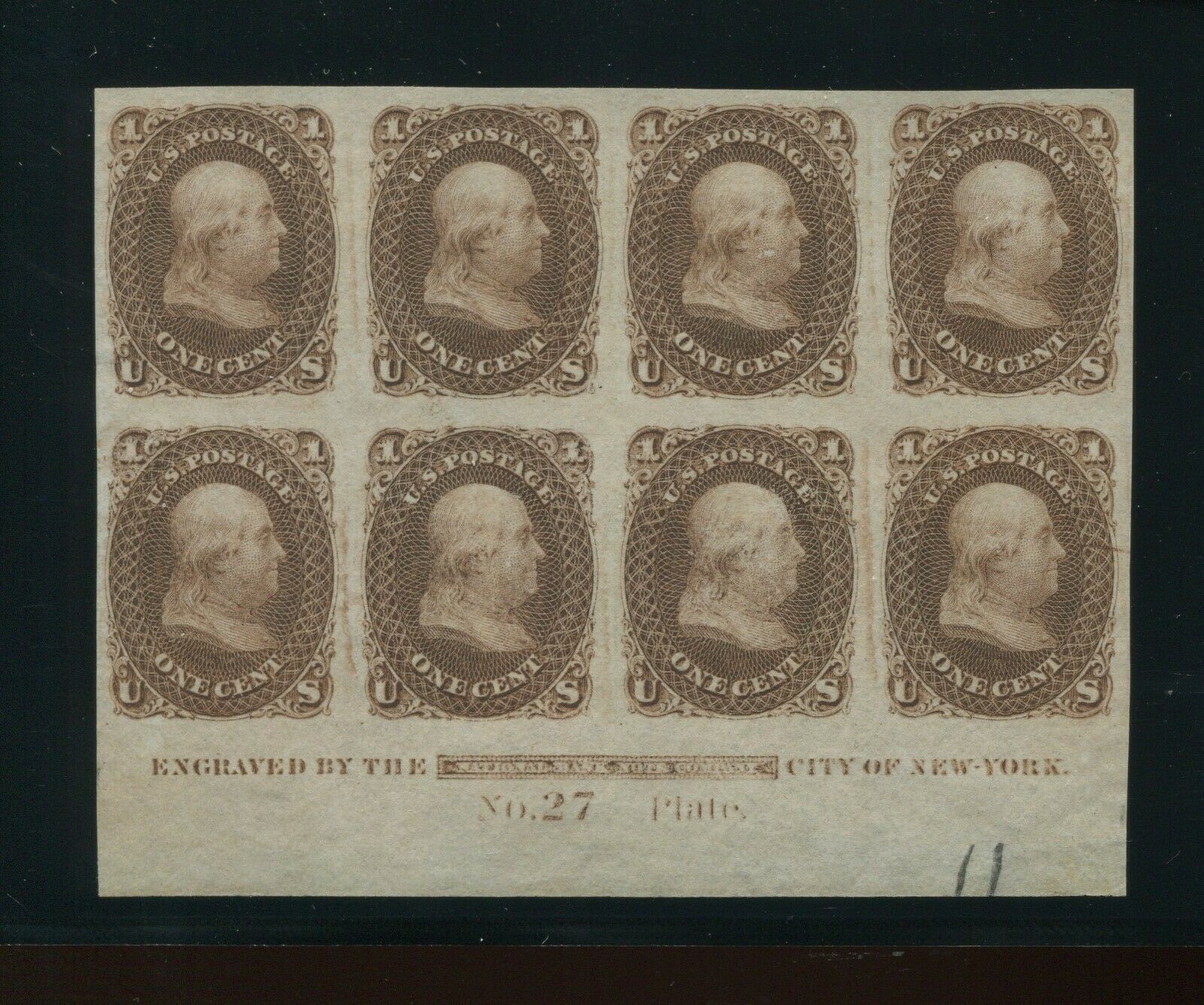 63TC5 Franklin Imperf Proof on Wove Paper Plate # & Imprint Block of 8 ...