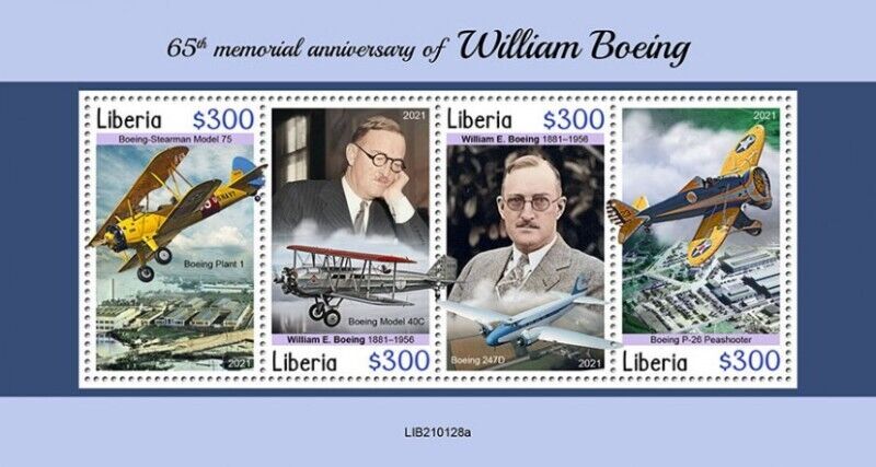 Liberia - 2021 William Boeing Anniversary - 4 Stamp Sheet - LIB210128a | Africa - Liberia, Stamp ...