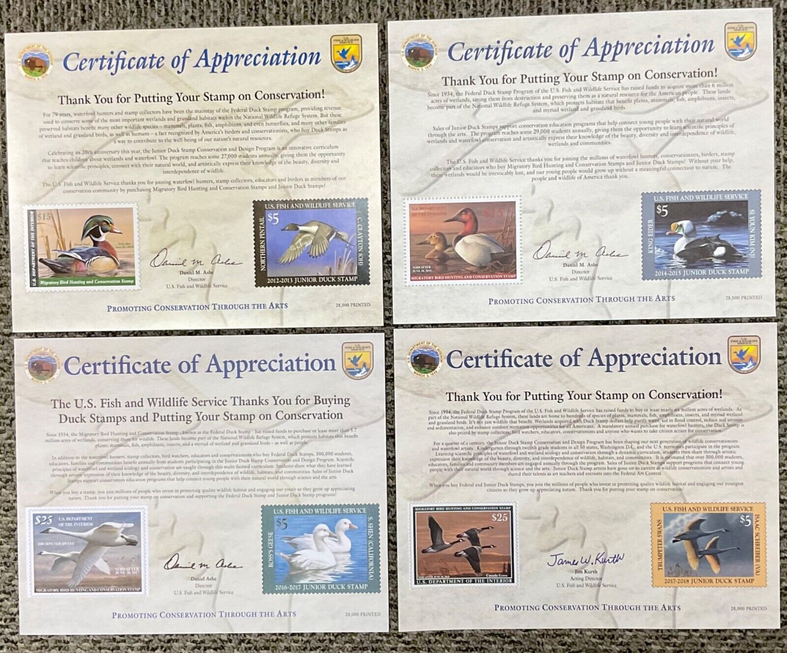 4 Certificate of Appreciation Duck RW 79, 81, 83-84 & JDs 2012, 2014 ...