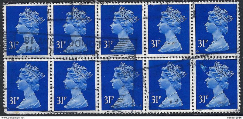 GREAT BRITAIN 1990 QEII 31p x 10 Ultramarine Machins Block SGX982 Used ...