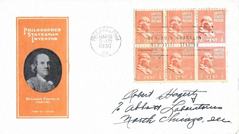 1938 Prexie FDC, #803, 1/2c Benjamin Franklin, Fidelity P-4, block of 6 ...