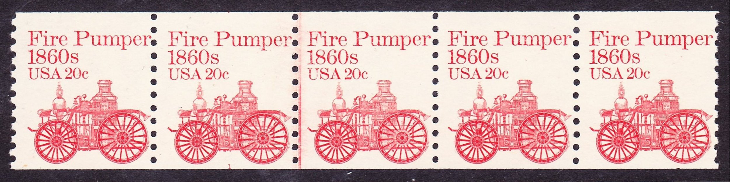 Scott 1908, Unused OG NH Plate #1 Strip of 5, 20c Firepumper, Plate ...