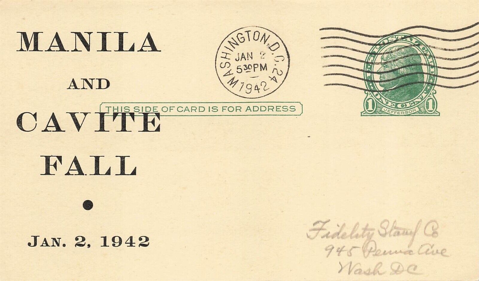 WWII Patriotic - MANILA & CAVITE FALL 1942 - Fidelity card | United ...