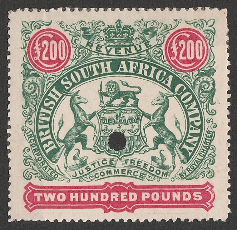 RHODESIA 1897 Arms Revenue £200 proof, perf 15. 1 sheet recorded. RARE ...