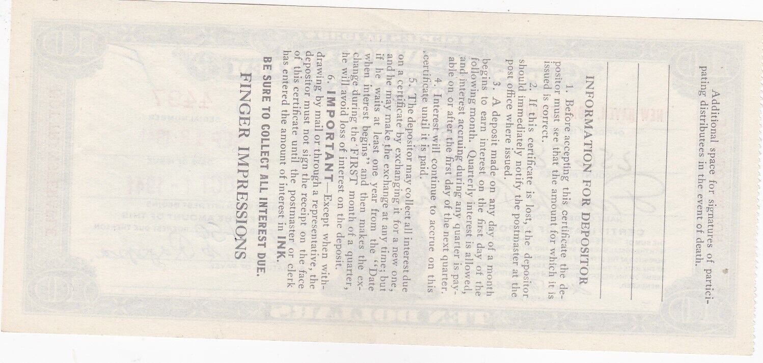$10 Series of 1939 Postal Savings System Certificate Paid New Haven CT ...