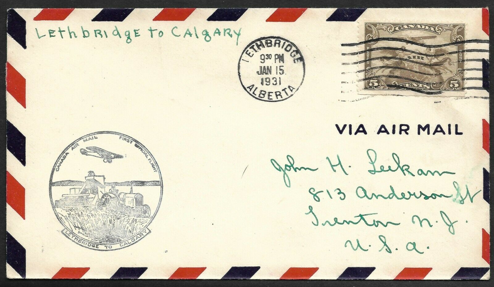Canada Postal History: Lethbridge-Calgary 1st Flight Cover | Canada ...