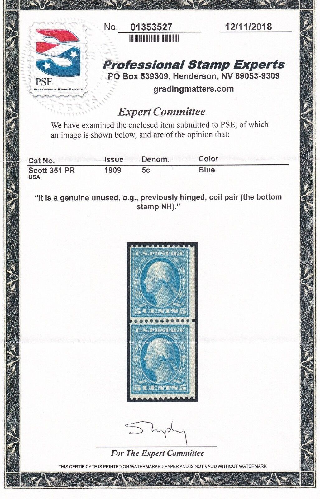 351 Pair VF PSE cert OG 1 stamp NH , 1 lightly hinged nice color ! see ...