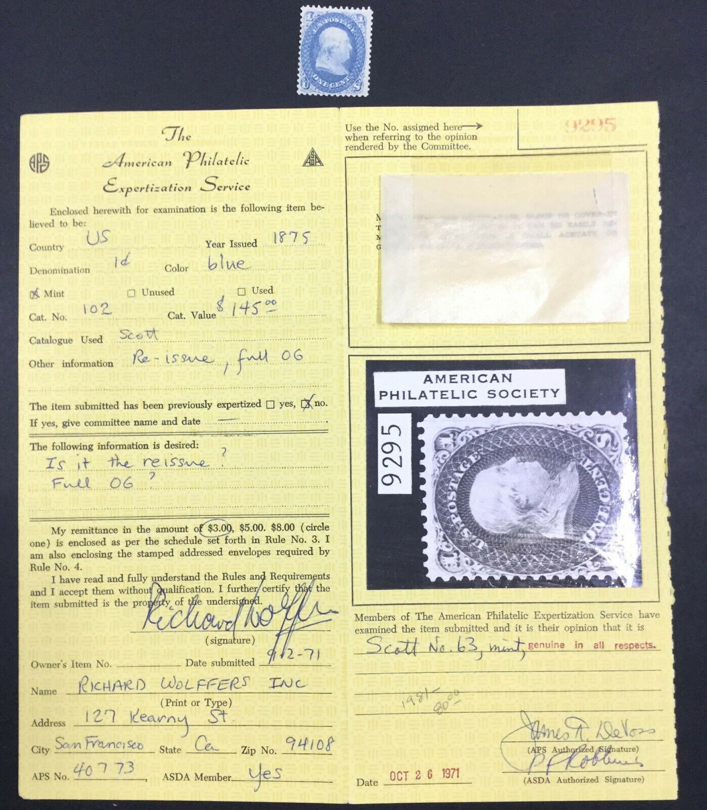 US Stamps #63 Mint OG NH APS Cert LOT #72071 | United States, General ...