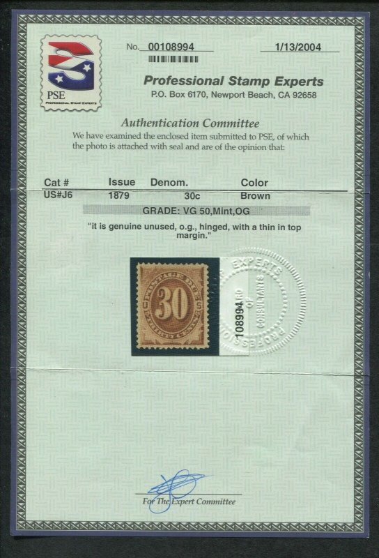 1879 United States Postage Due Stamp #J6 Mint Hinged VF Original Gum ...