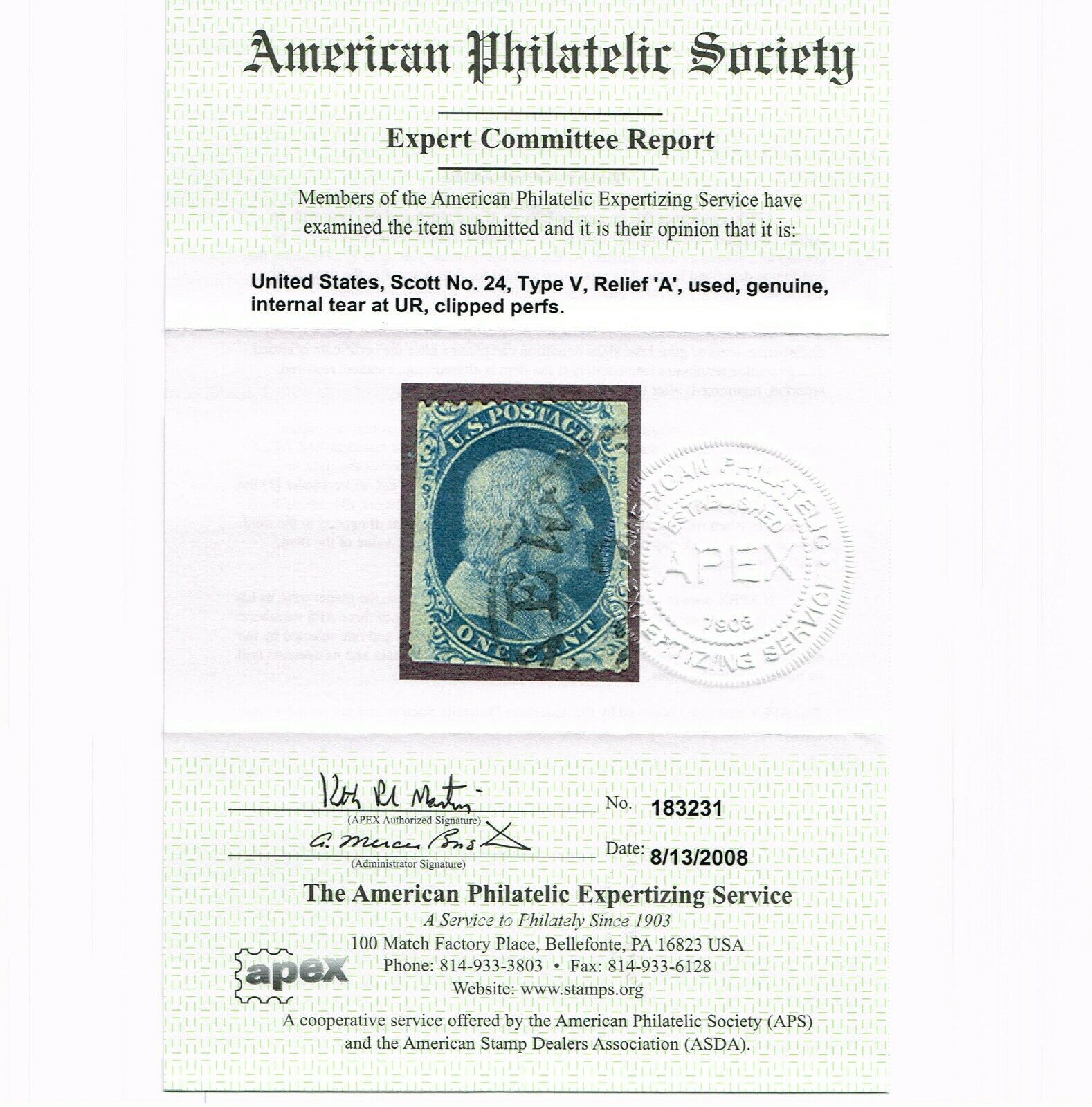 Exceptional Genuine Scott #24 Vf-Xf Used 1857 Type-V Relief-A APS Cert ...