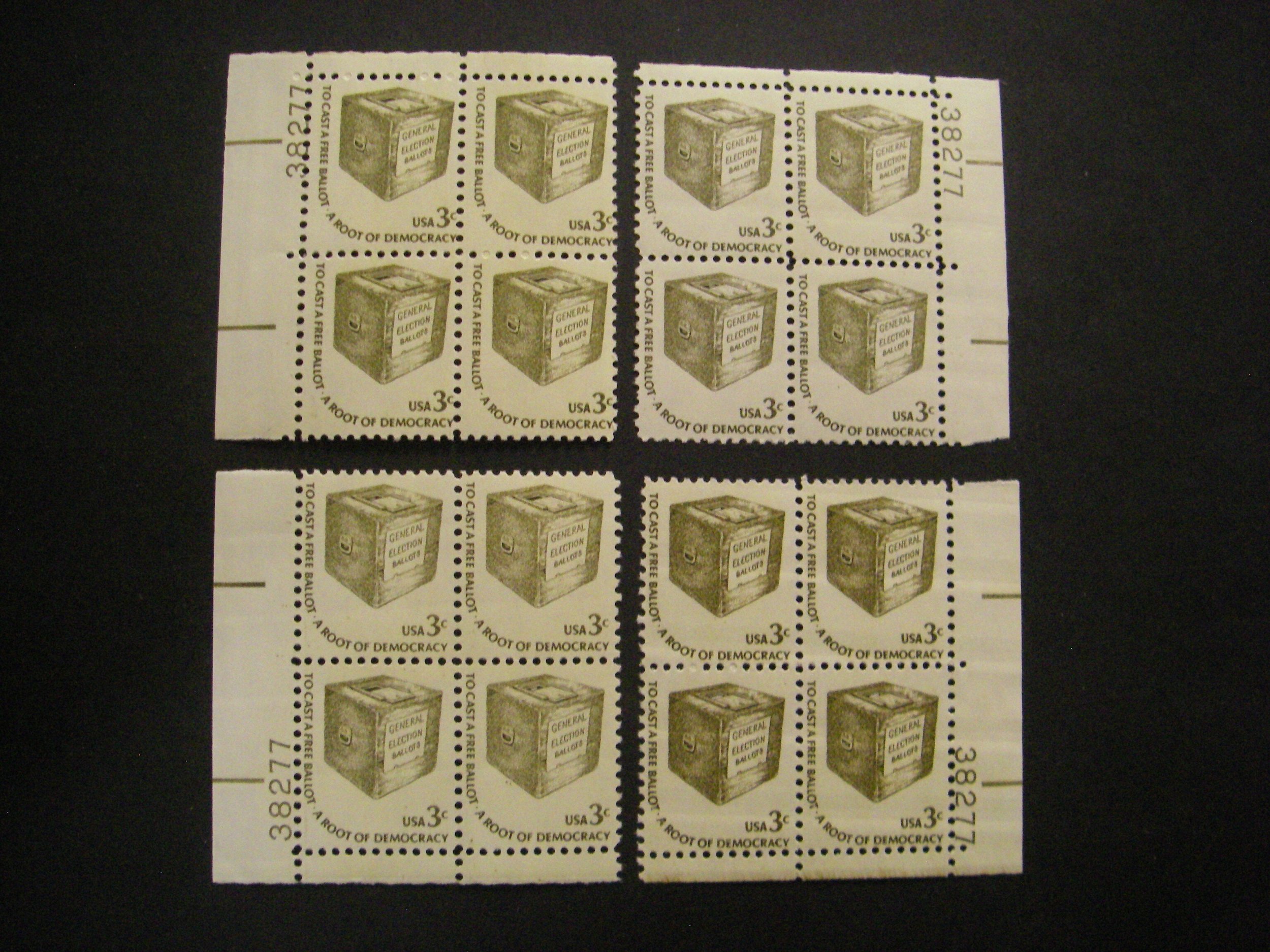 Scott 1584, 3c Ballot Box, PB4 #38277 x4, Matched Set, shiny gum, MNH ...