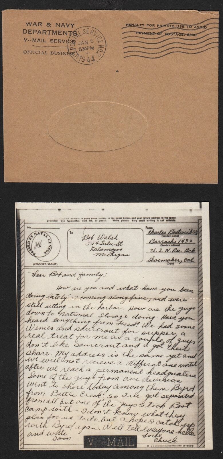 1944 WWII era V-Mail envelope & letter intra-U.S. useage / HipStamp