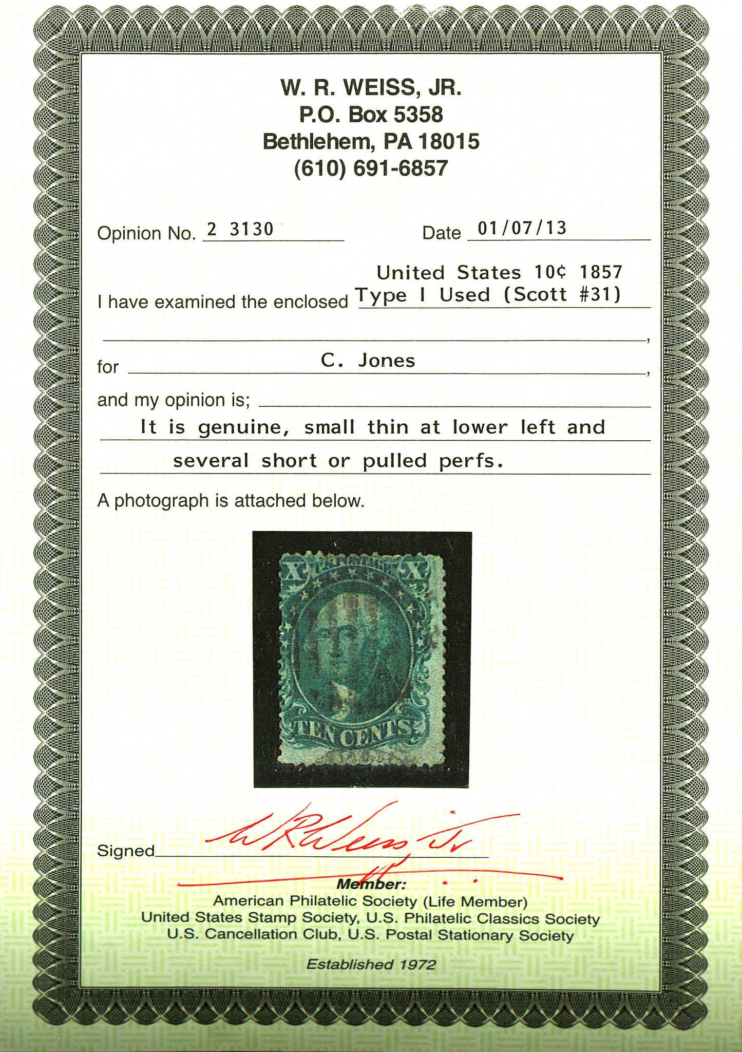 U.S. #31 Used With Weiss Cert | United States, General Issue Stamp ...